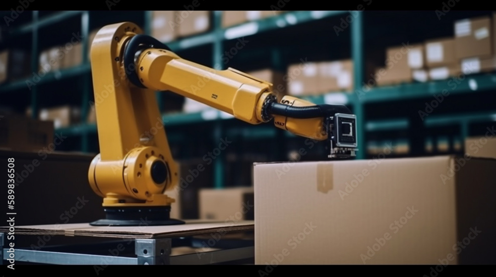 yellow robotic arm carry cardboard box in warehouse Generated AI Stock ...