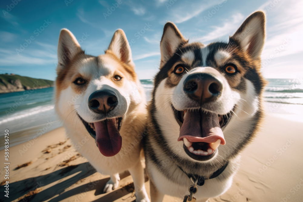 Couple of husky dogs walking on the beach near the ocean. Generative AI ...