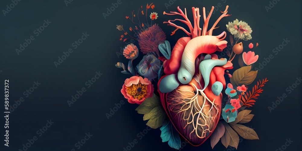 Human heart with flowers, love and emotion concept, good hearted person ...