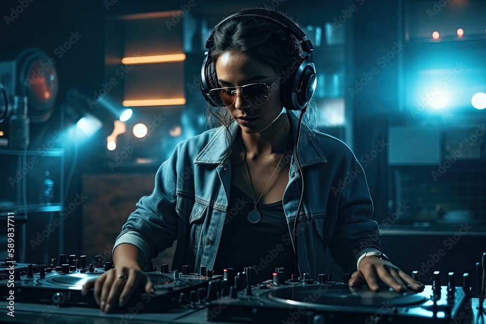 A DJ woman playing music at a nightclub is a dynamic and energetic ...