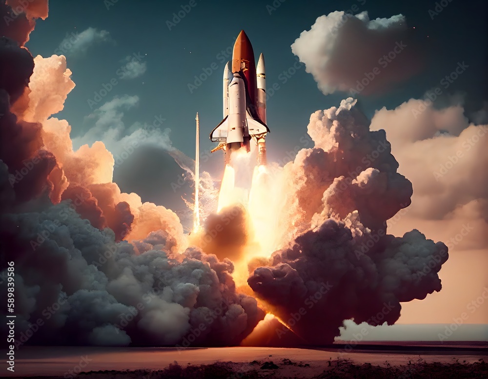 ภาพประกอบสต็อก A brand new space shuttle rocket lifts off into the ...