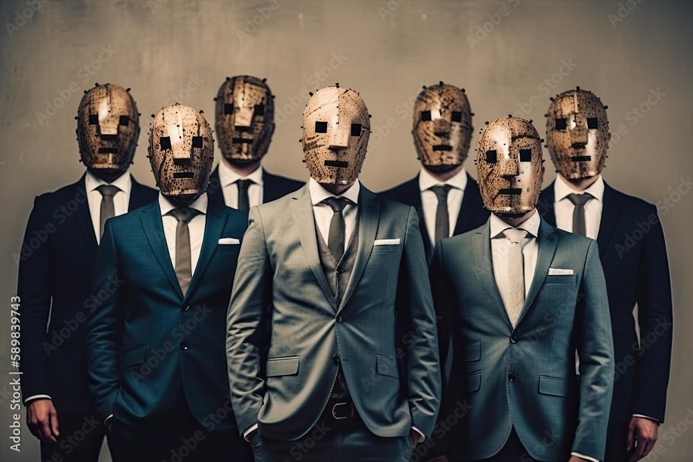 A group of businessmen in suits wearing wooden masks instead of faces ...