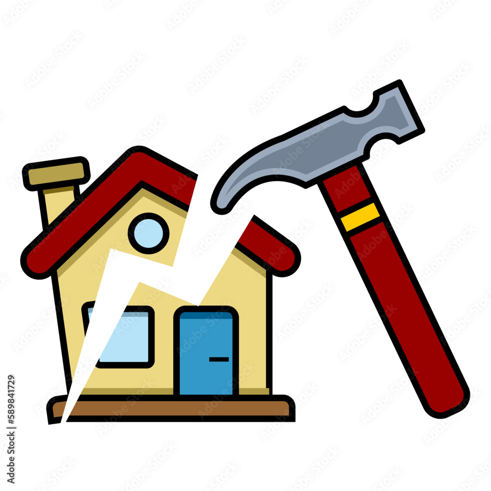 Demolished house and hammer symbol. Colorful line art cartoon style ...