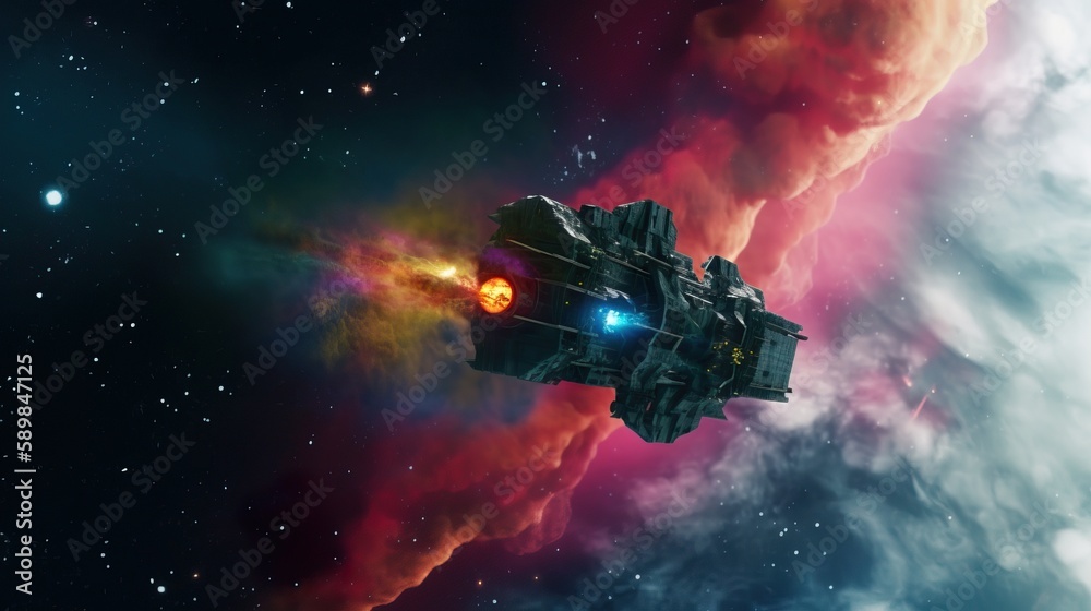 Sci-fi wallpaper. Spaceship in outer space. Nebulae, stars. Science ...