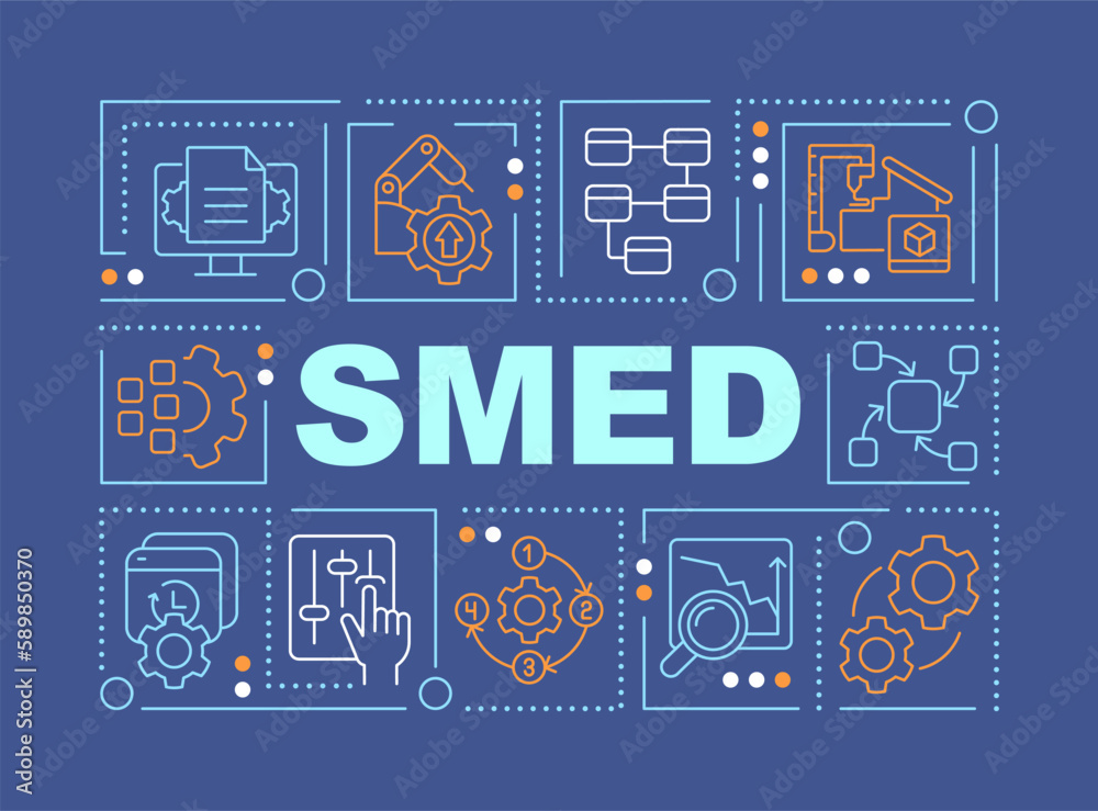 SMED word concepts dark blue banner. Lean manufacturing. Infographics ...
