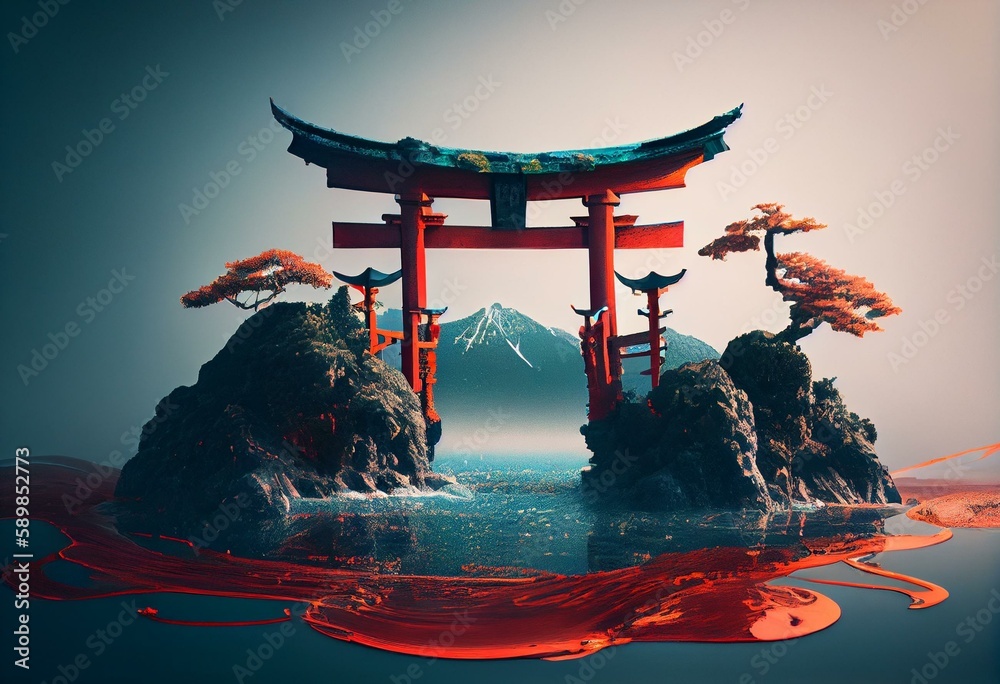 Gradual gradient landscape with watery torii gate. Generative AI Stock ...