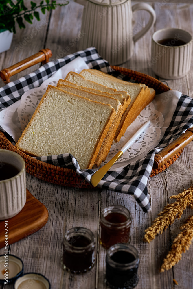sliced toast loaf white bread, roti tawar, shokupan in rattan basket ...