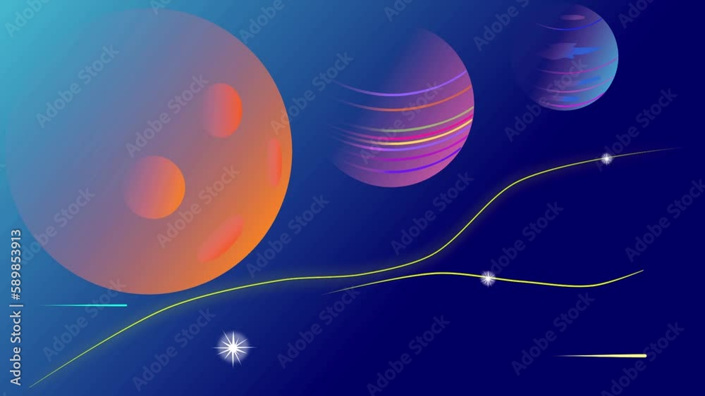Animated Space and planets background. Three multi-colored planets with ...