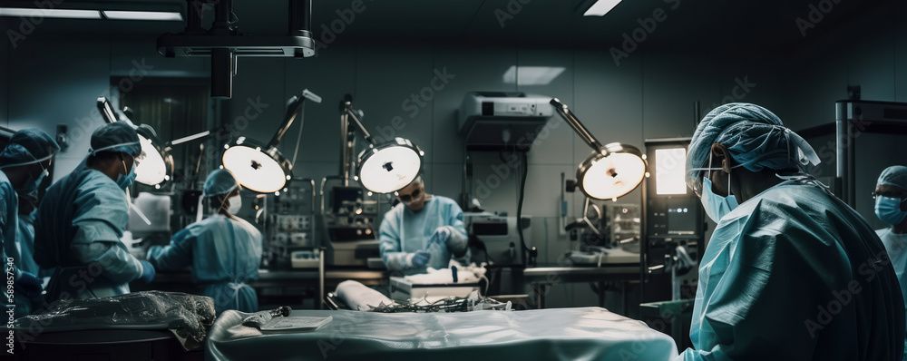 Focused surgeon in a sterile operating room, ready to make precise ...