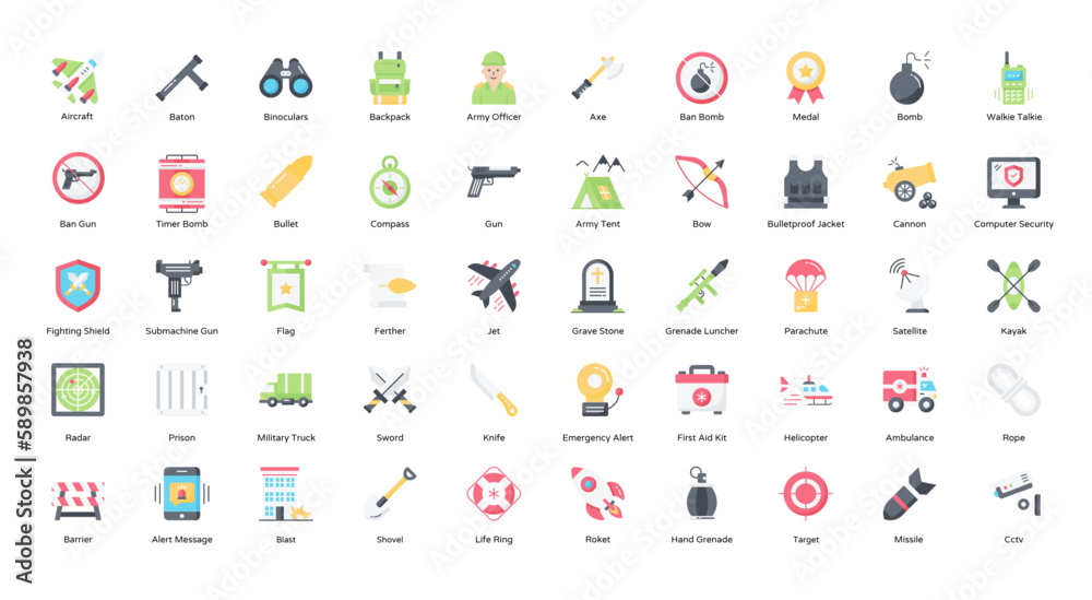 War Flat Icons Army Military Fight Icon Set in Color Style 50 Vector ...