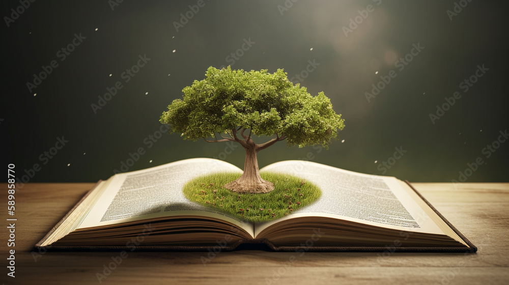 Open book with magical green tree and nature background. Generative AI ...