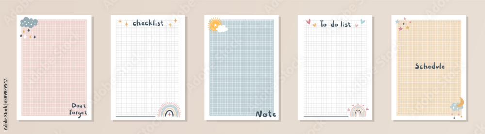 Vetor de Set of memo with cute hand-drawn illustration. Template for ...