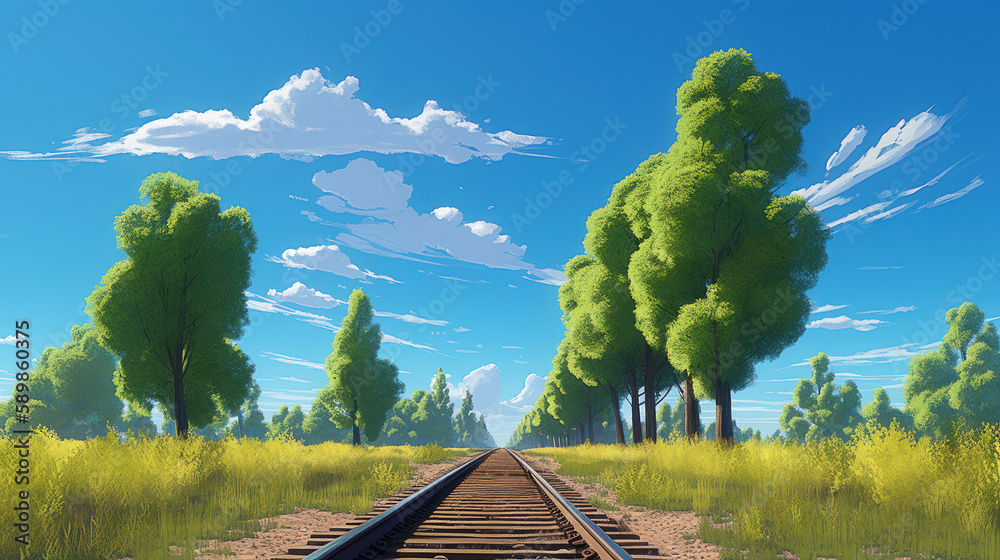Forest trees along a railroad on an summer afternoon. Train tracks ...