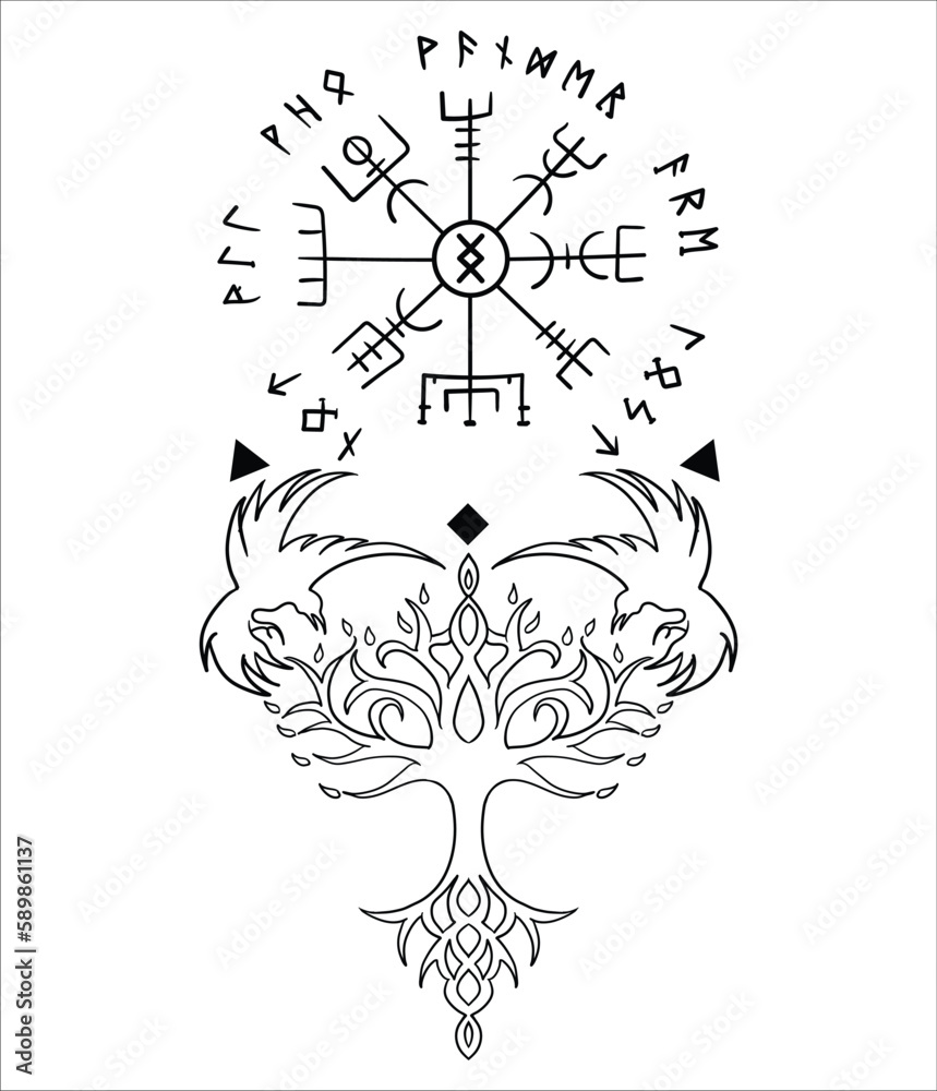 Yggdrasil, the tree of life. Vikings symbol Odin,with futhark runes ...