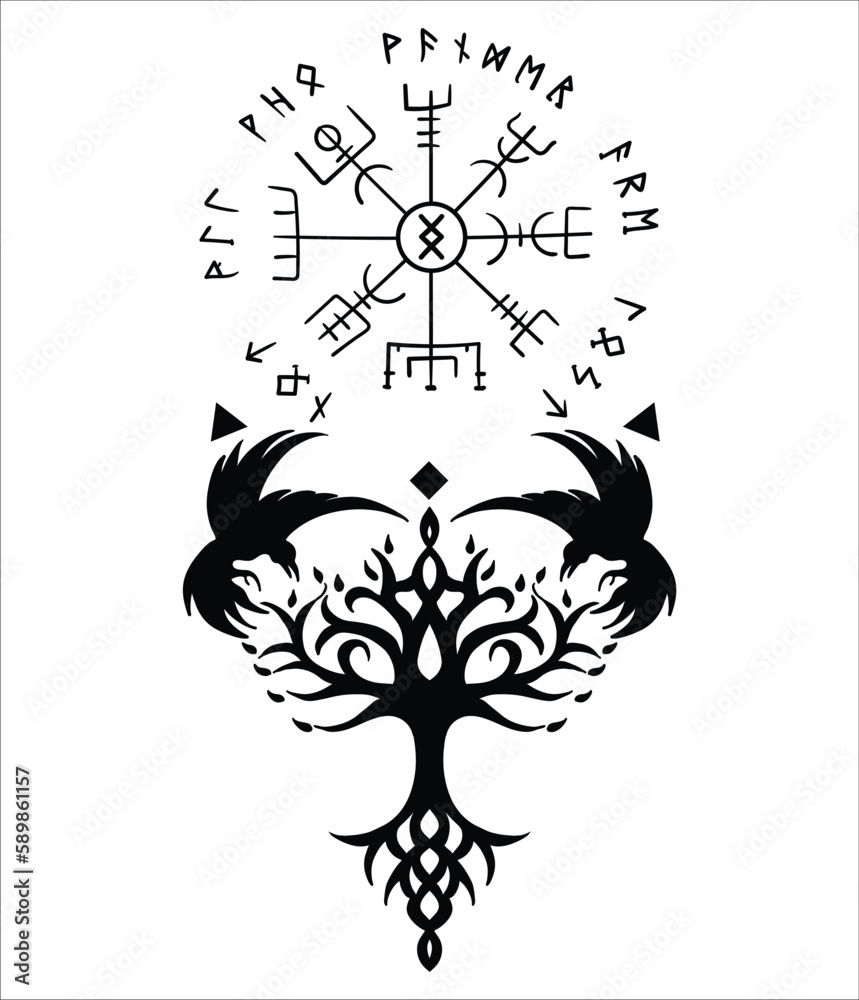 Yggdrasil, the tree of life. Vikings symbol Odin,with futhark runes ...