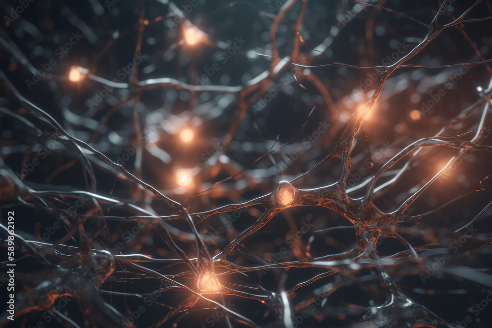 Neurons activity. Synapses and axones transmitting electrical signals ...