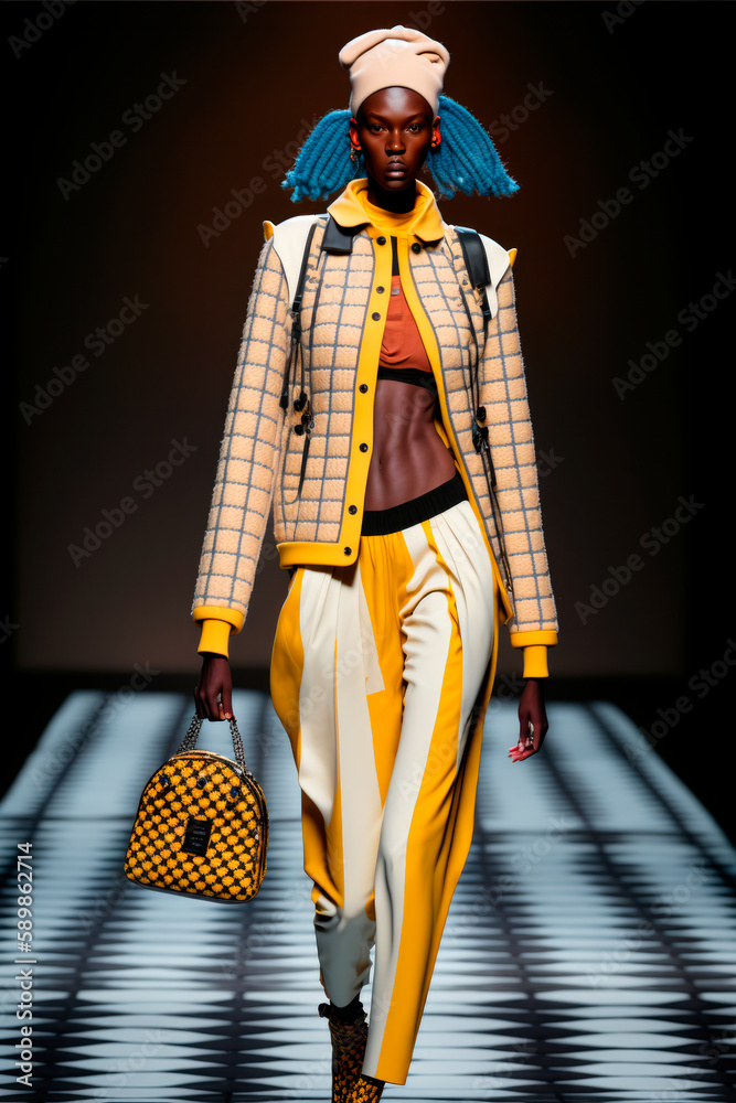 Blue-haired Black Model Struts in Chessboard Knit and Leather on ...