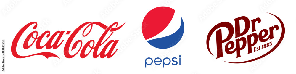 Carbonated soft drink logo set. Coca Cola, Pepsi, Dr Pepper drinks icons. Top drink company ...
