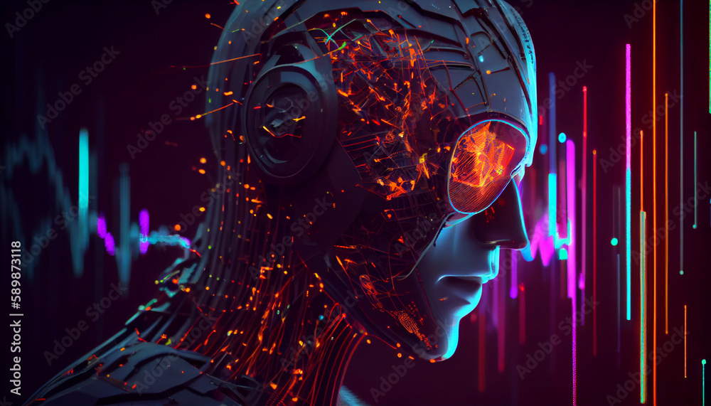Neon Face of artificial intelligence Robot with mind Ai generated Image ...