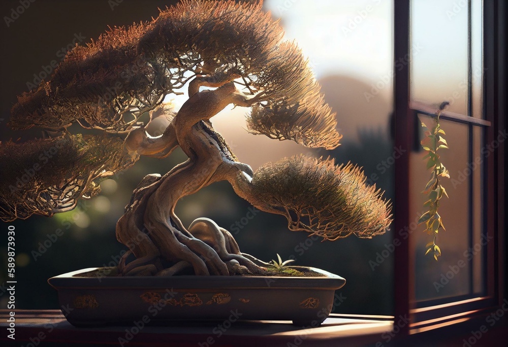 Zen-inspired bonsai tree on stand with sunlight and Chinese window ...