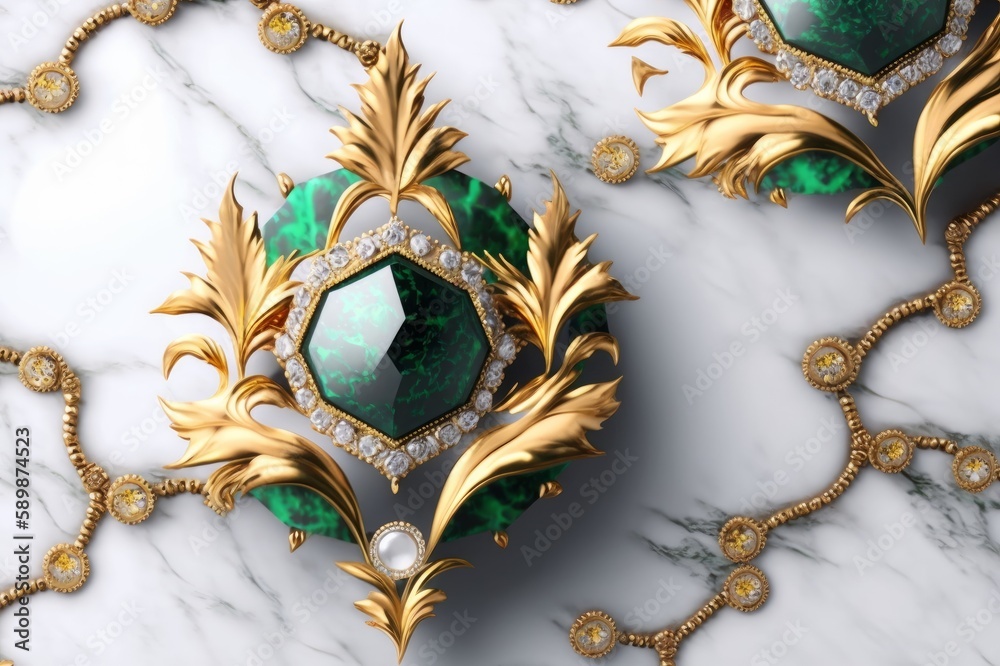 3D wallpaper golden broach and green diamond with marble, Generative AI ...