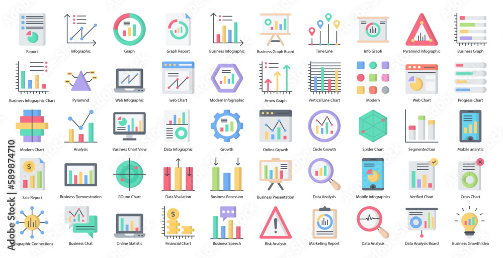 Infographics Flat Icons Infographic Graphic Chart Icon Set in Color Style 50 Vector Icons Stock ...