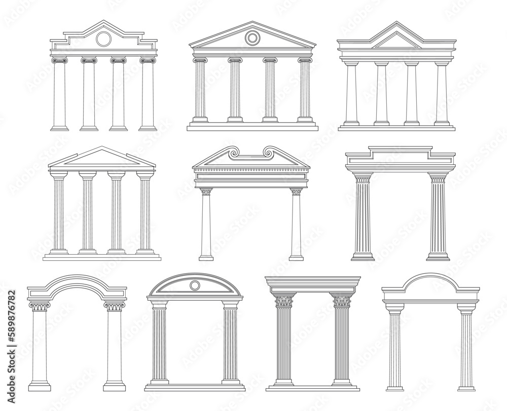 Set of Ancient pediments. Antique Greek or Roman marble columns of building facades. Vintage ...