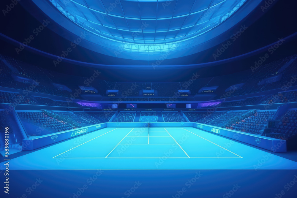 Blue tennis court and illuminated indoor arena with fans, upper side ...