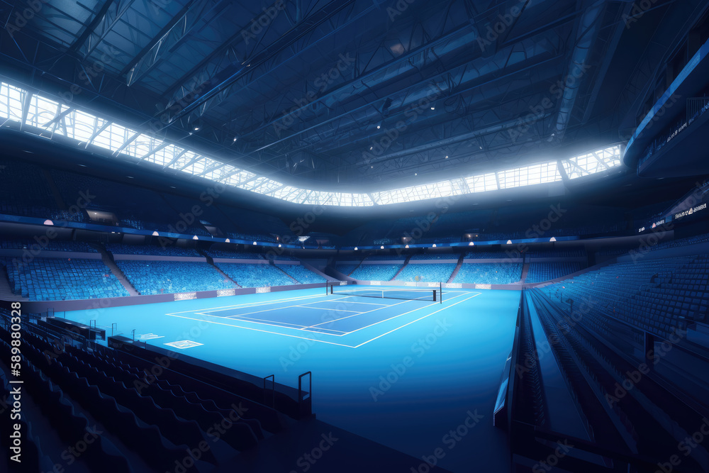 Blue tennis court and illuminated indoor arena with fans, upper side ...