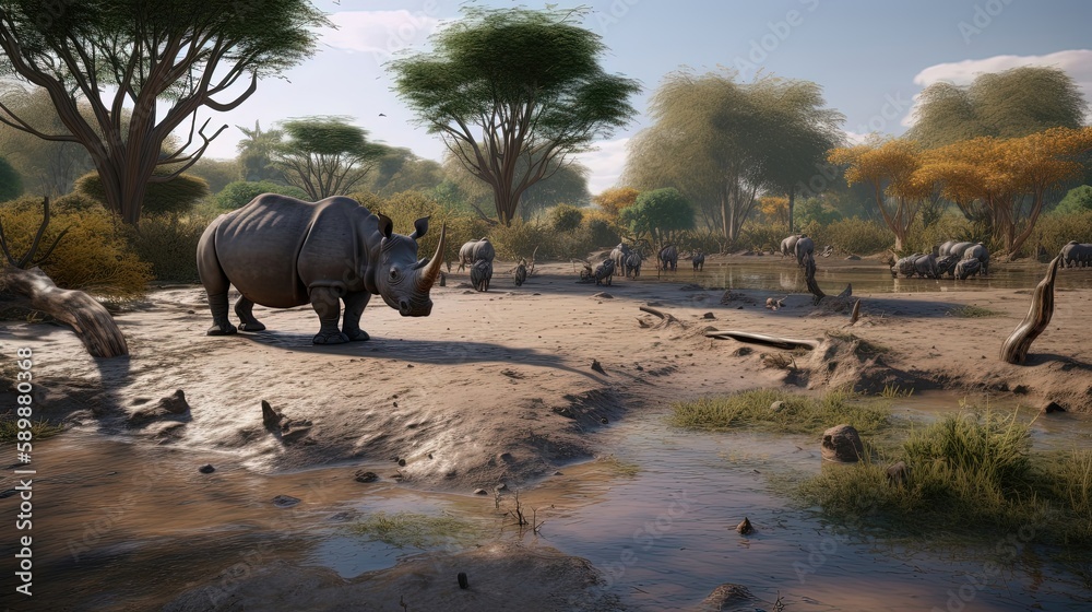 The lush and expansive rhino habitat is equipped with a refreshing mud ...