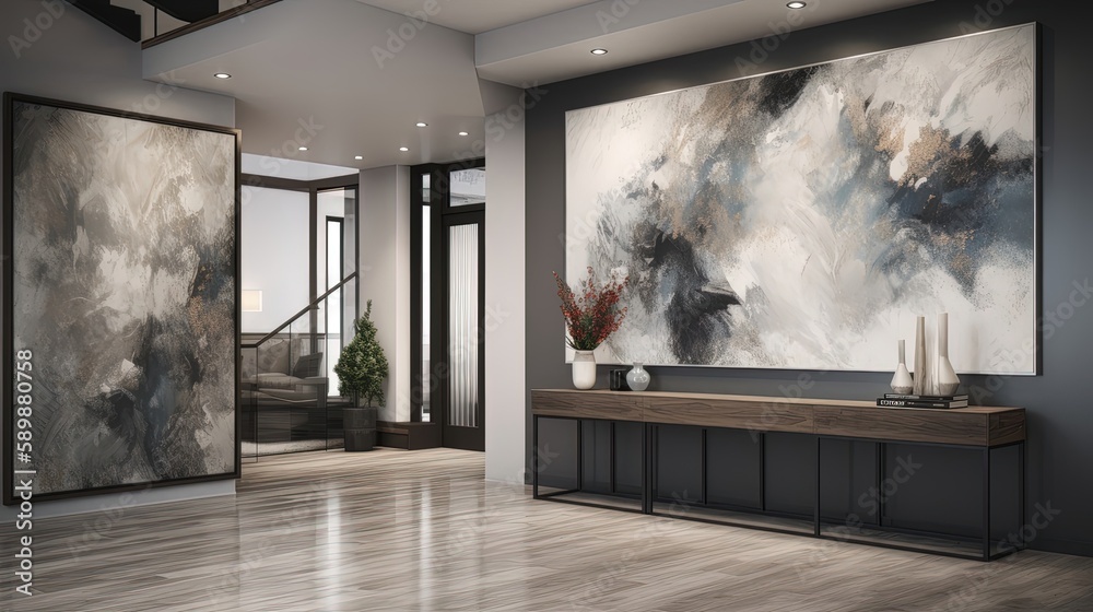 his Ultrarealistic 8k contemporary foyer boasts a sleek and minimalist ...