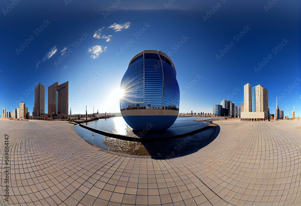 A seamless 360 HDRI panorama of a square by the ocean, with skyscrapers ...