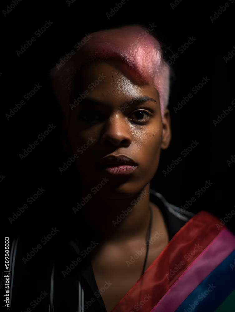 Dark skin person stands confidently in front of a rainbow flag, a ...