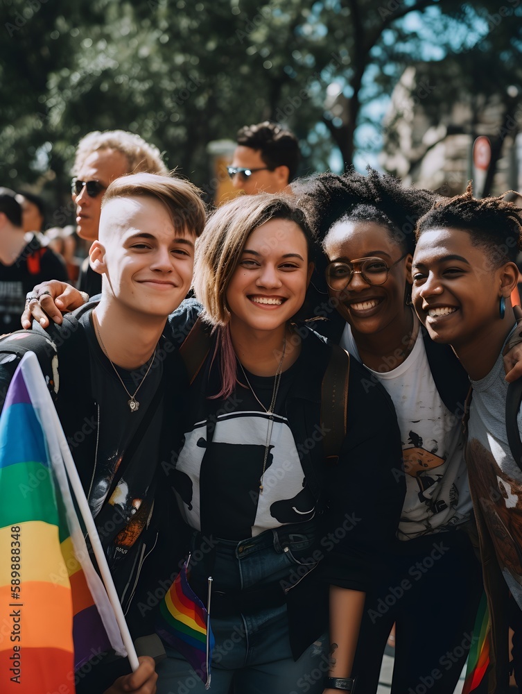Group of diverse young friends stand confidently with a rainbow flag, a ...