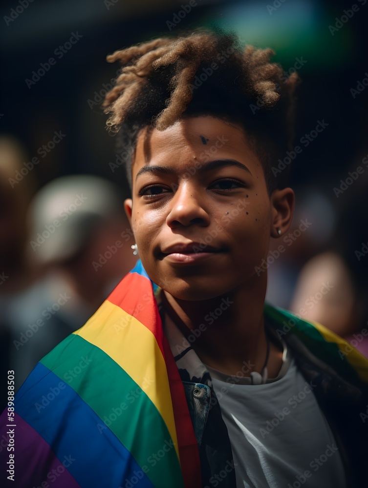 Dark Skin person stands confidently in front of a rainbow flag, a ...