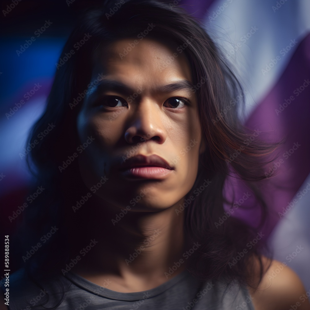Indigenous person stands confidently in front of a rainbow flag, a ...