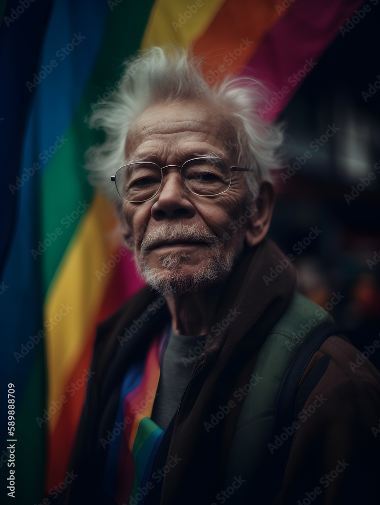 Old man stands confidently in front of a rainbow flag, a symbol of LGBT ...