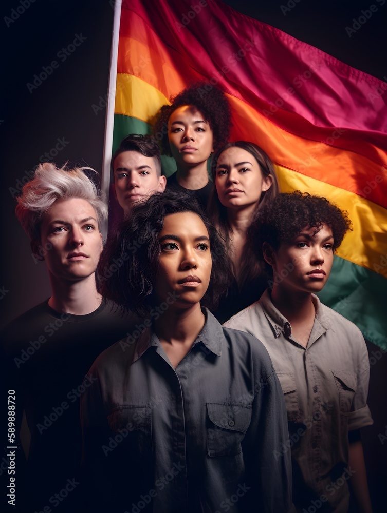 Group of diverse people stand confidently in front of a rainbow flag, a ...