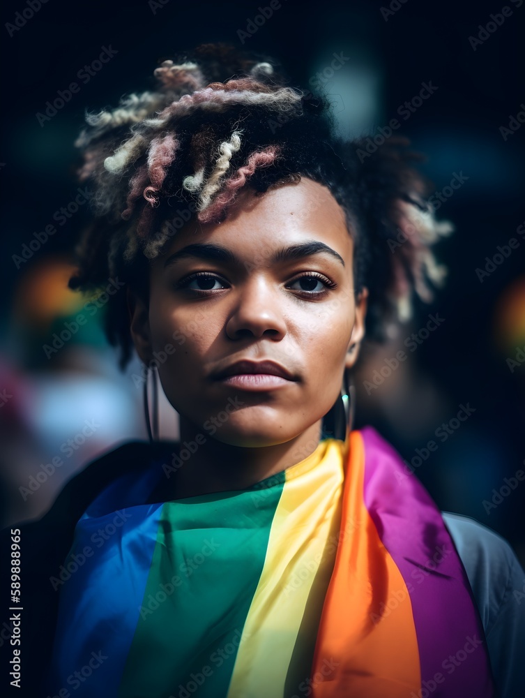 Dark skin person confidently wearing the rainbow flag, a symbol of LGBT ...
