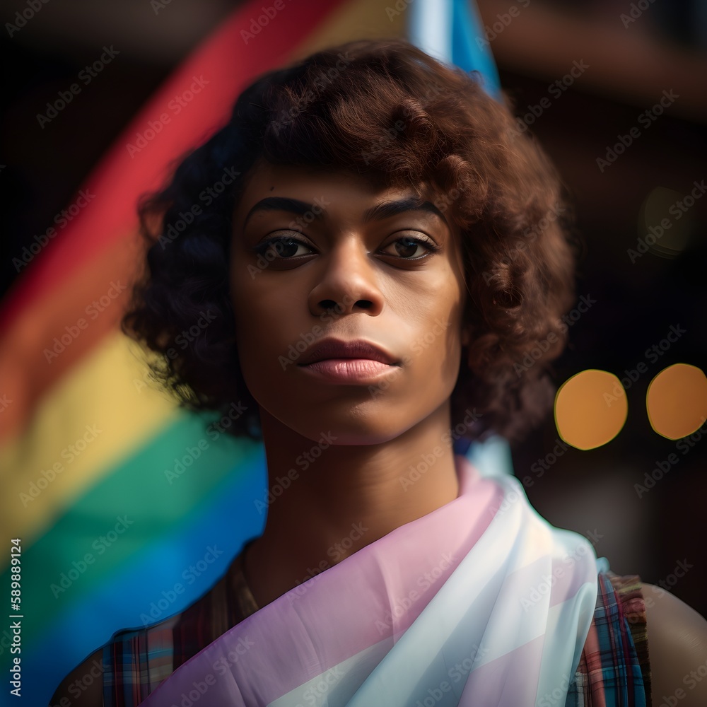 Trans dark skin person standing confidently in front of a rainbow flag ...