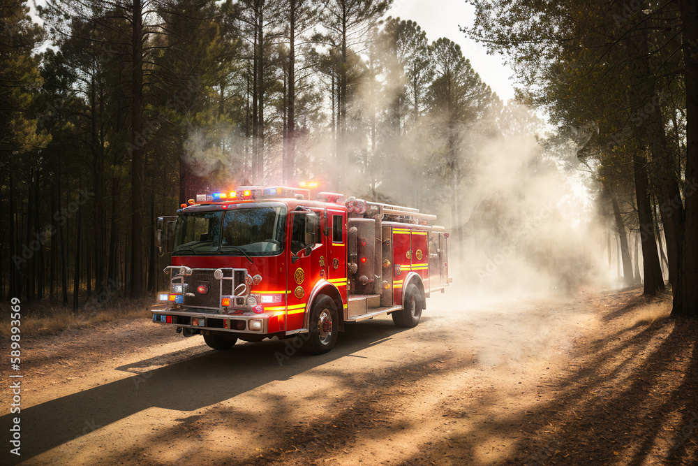 Fire truck in the forest with smoke coming from the trees Stock ...