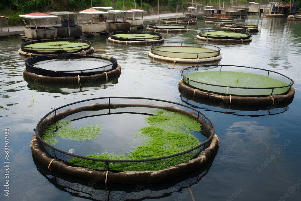Floating algae and fish farm digital concept render Stock Illustration ...