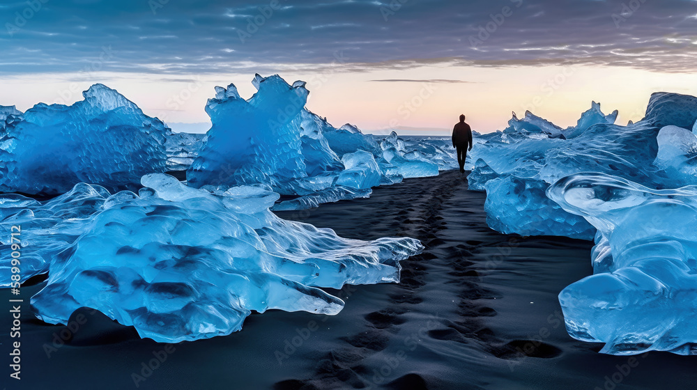 Plage de sable nord volcanique en Islande avec des blocs de glace ...