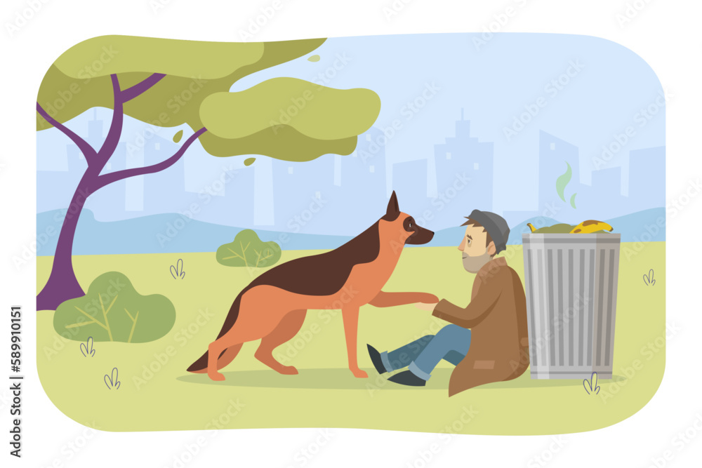 German shepherd dog and homeless man vector illustration. Poor man ...