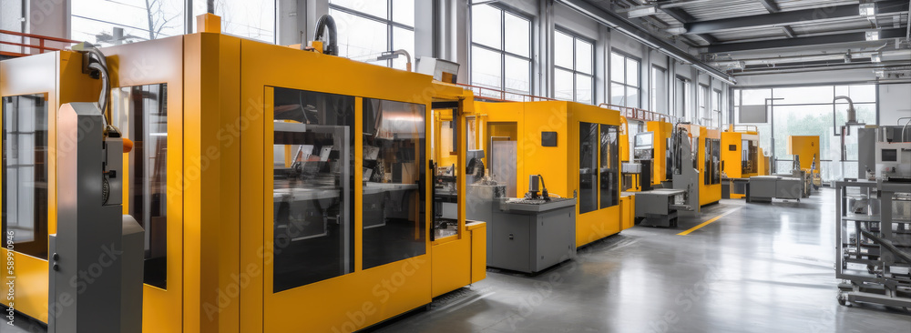 A modern clean and organized DX age production factory. Yellow colored ...