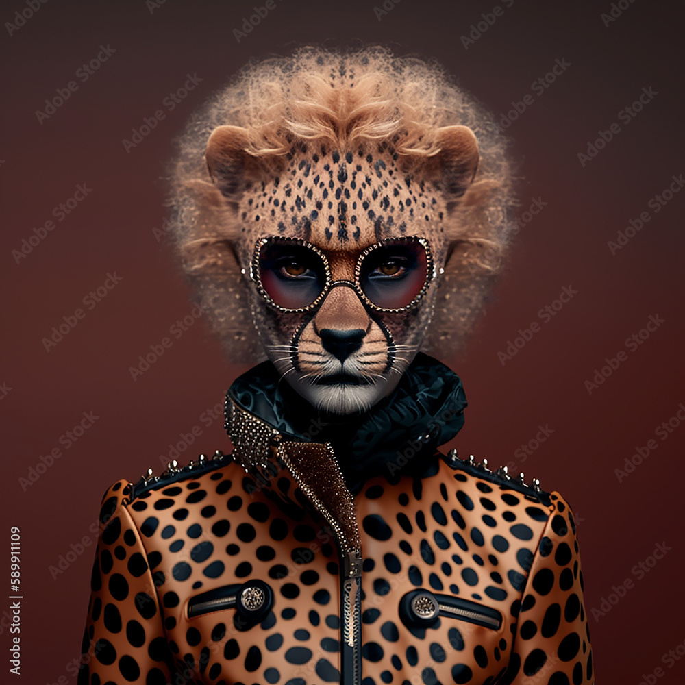 Realistic lifelike cheetah in punk rock aggressive rocker outfits ...