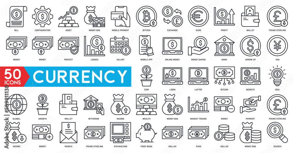 Currency icon set - certificate vector, exchange, gold ingot, japanese ...
