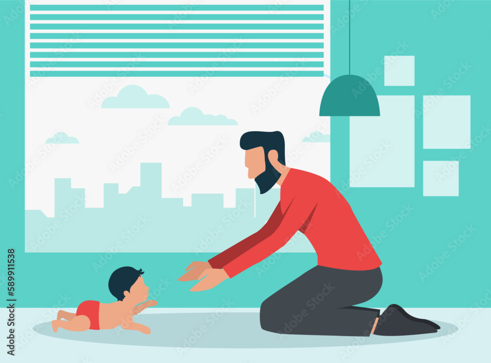 Father taking care of baby vector illustration. Little boy crawling to ...