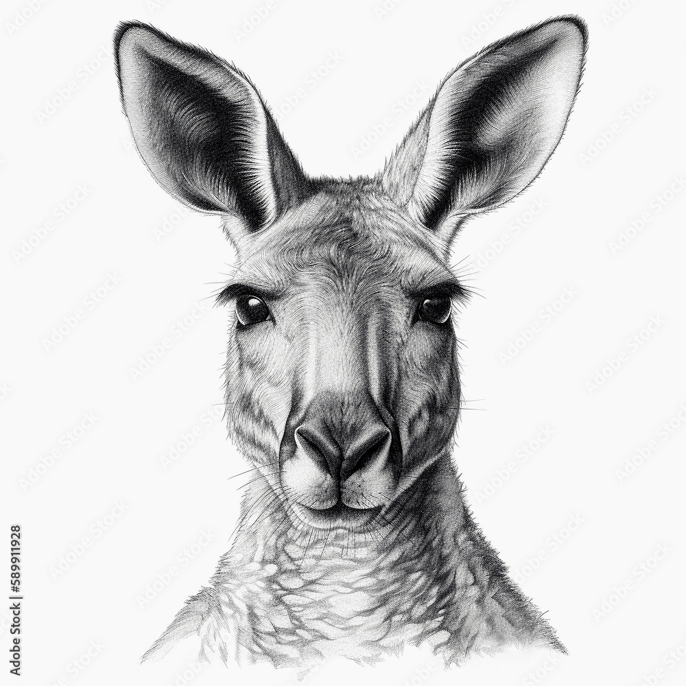 Close-up line art portrait of Kangaroo on white background, pencil ...