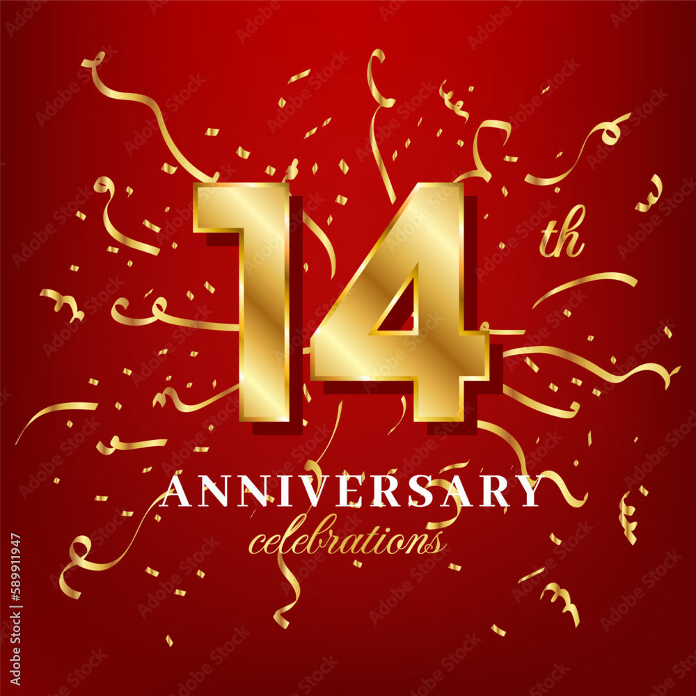 14 golden numbers and anniversary celebrating text with golden confetti ...